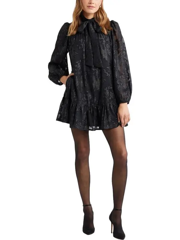 Treasure & Bond Metallic Floral Jacquard Long Sleeve Shift Minidress - Black