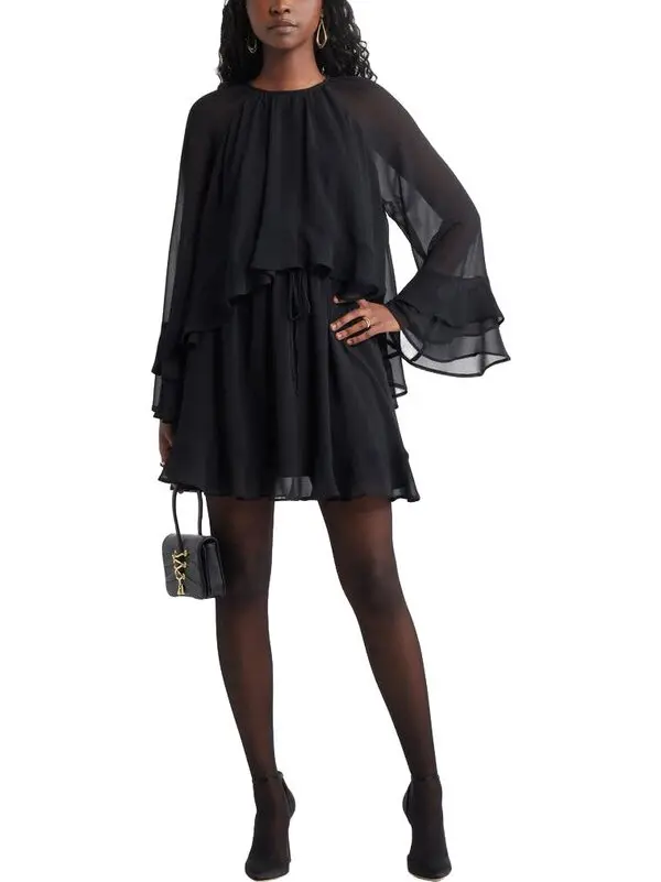 Treasure & Bond Tiered Long Sleeve Chiffon Minidress - Black