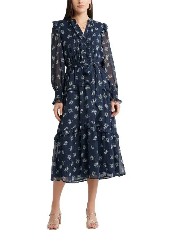 Caslon Floral Fil Coupé Long Sleeve Midi Dress - Navy Mathilde Floral