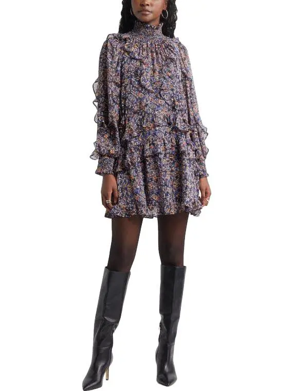 Treasure & Bond Metallic Mock Neck Long Sleeve Chiffon Minidress - Navy Butterfly Abstract