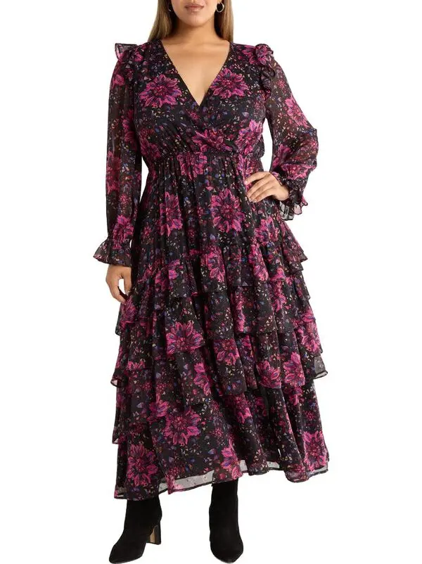 Treasure & Bond Tiered Ruffle Faux Wrap Maxi Dress - Black-pink Painterly Medallion