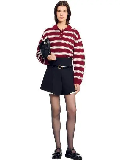 Sandro Fine Knit Striped Sweater With Buttoned Polo Collar - Gray