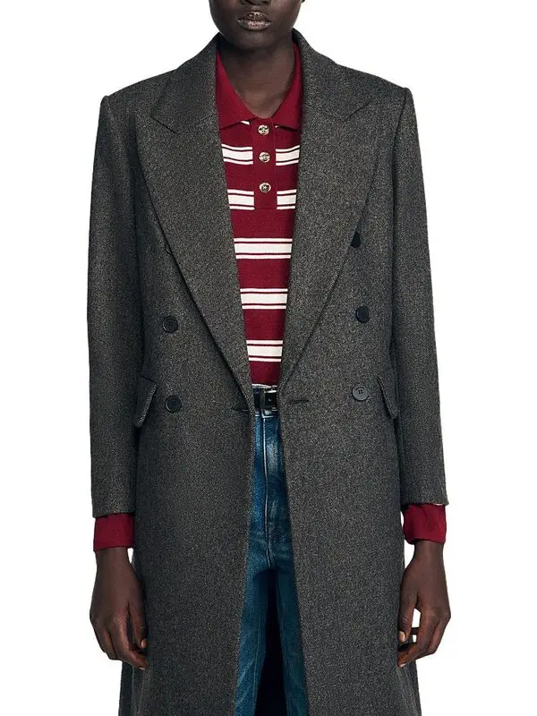Sandro Fitted Double Breasted Coat - Dark Grey