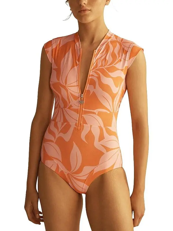 AUR OCEA Brasile Panelled Cap-sleeve One-piece - Tangerine And Soft Pink