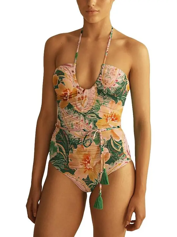 AUR OCEA Ibisco Belted Keyhole One-piece - Green/pink/and Apricot