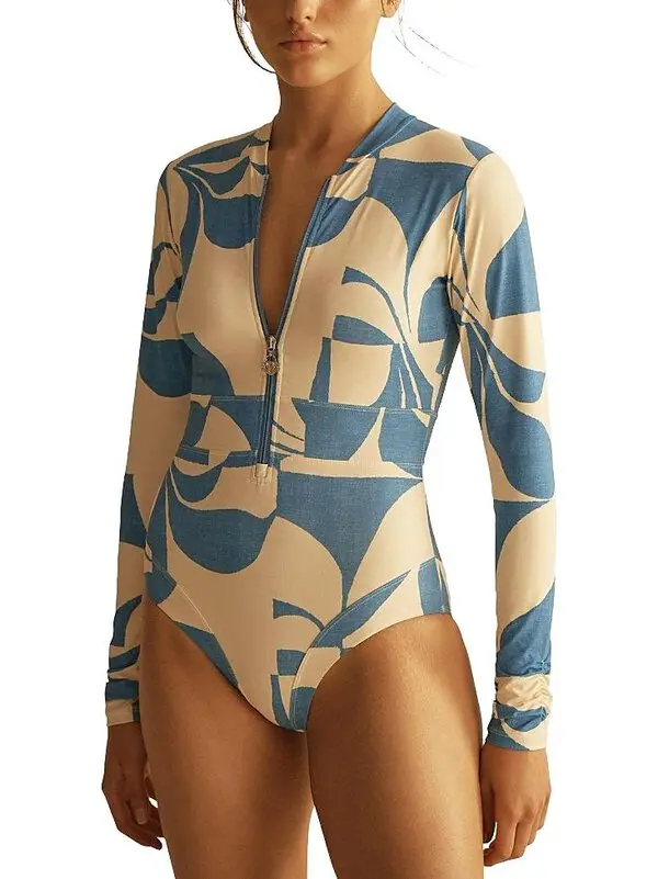 AUR OCEA Ipanema Panelled Long Sleeve One Piece - Blue And White