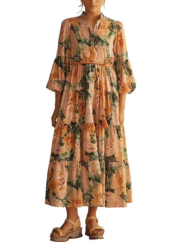 AUR OCEA Ibisco Button-through Maxi Dress - Green/pink/and Apricot