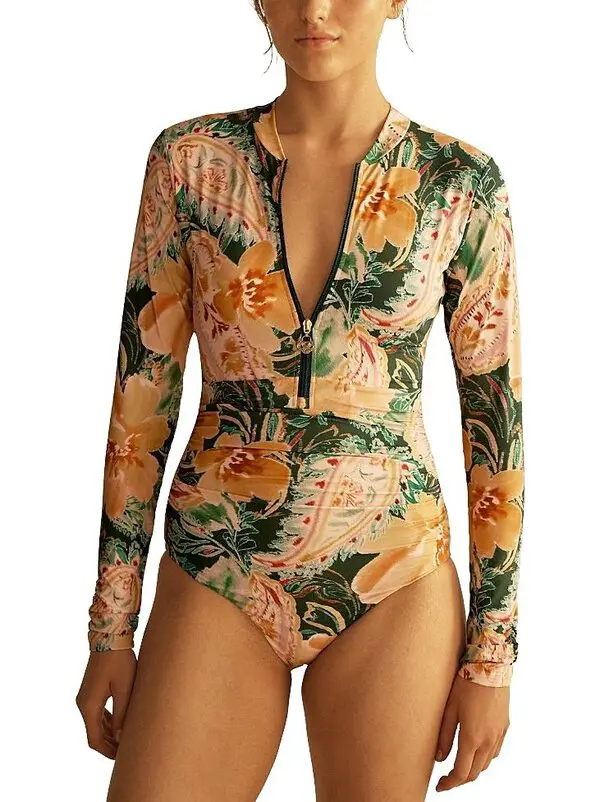 AUR OCEA Ibisco Long Sleeve One-piece - Green/pink/and Apricot