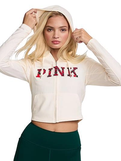 Pink All-day Cotton™ Full-zip Cropped Hoodie With Thumbholes - Grey