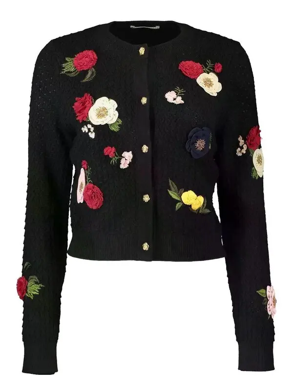 Alice + Olivia Floral-appliqué Cardigan - Black