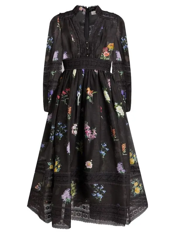 Zimmermann Floral Print Corded Lace Paneled Linen And Silk-blend Midi Dress - Black