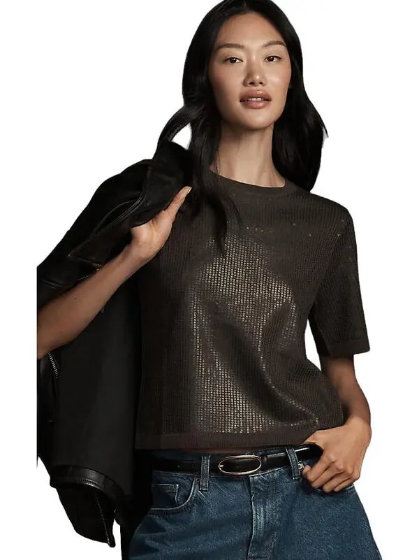 Sanctuary Sequin-embellished Short-sleeve Sweater - Grey Pattern