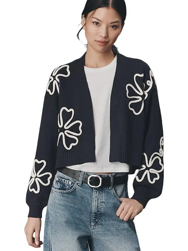 Anthropologie Floral Motif Crop Cardigan - Navy
