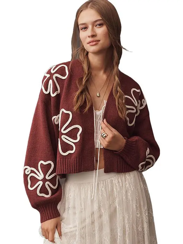 Anthropologie Floral Motif Crop Cardigan - Wine