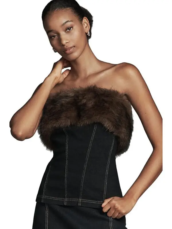 PILCRO Strapless Faux Fur Trim Denim Top - Dark Denim