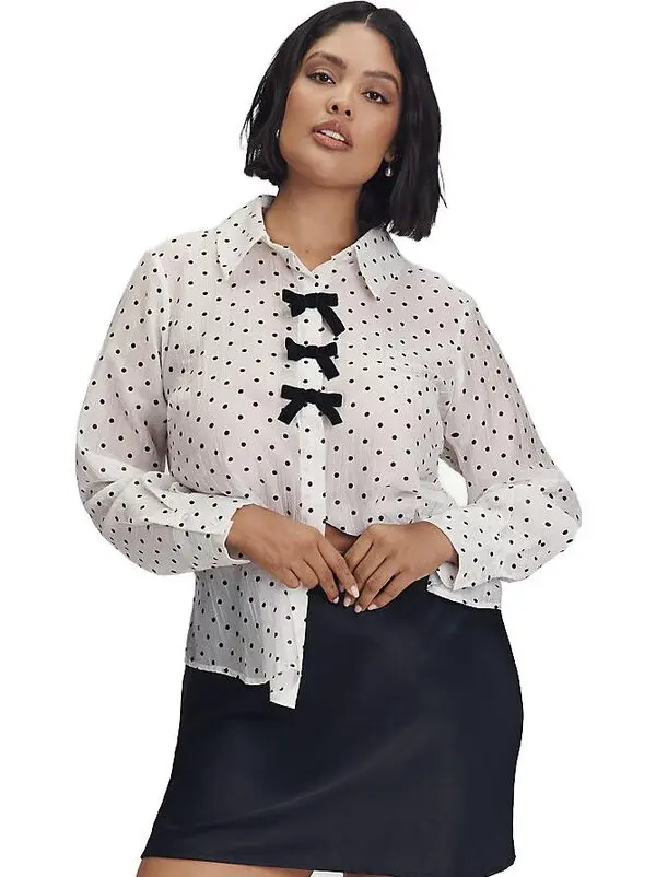 ELOQUII Long-sleeve Polka Dot Bow Blouse - Black & White Pattern
