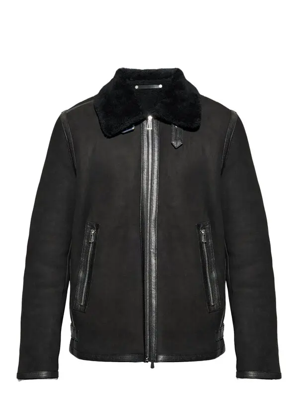 Paul Smith Sheep Leather Jacket With Fur Collar - Black