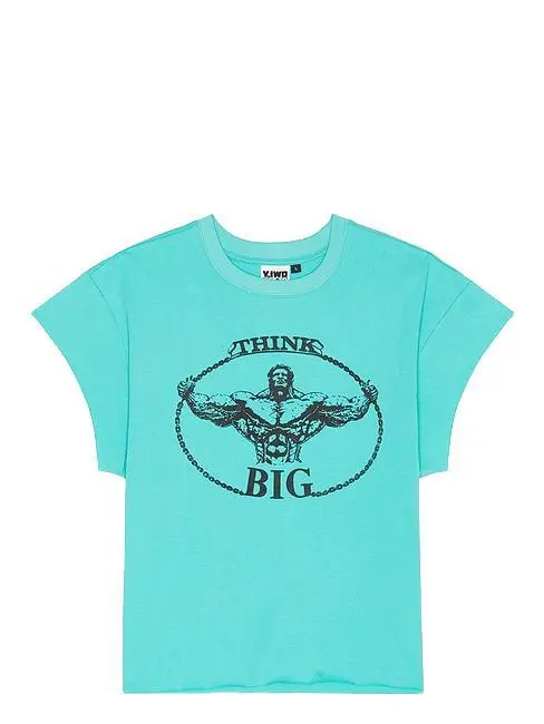 Y,IWO Think Big Cap Sleeve Tee In Blue - Teal & Black