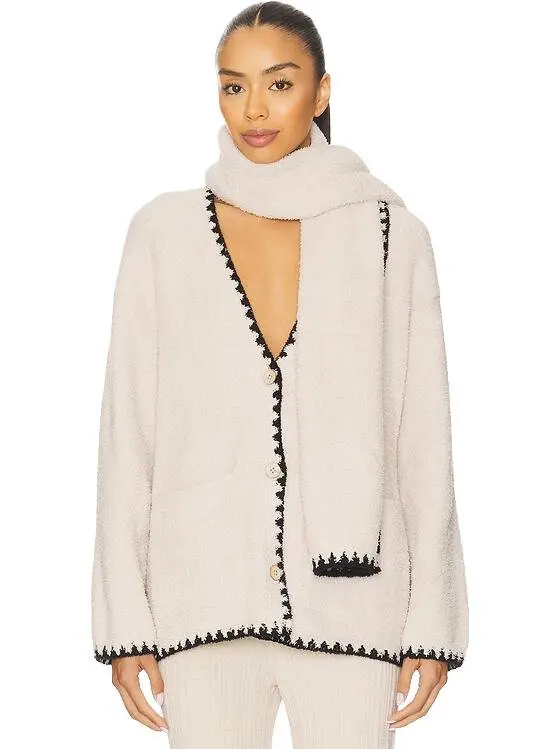 Barefoot Dreams Cozychic Blanket Stitch Cardigan With Detachable Scarf - Stone