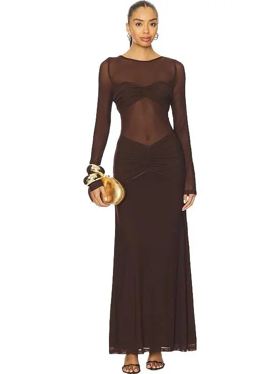 RUNAWAY THE LABEL Romy Ruched Maxi Dress - Bitter Chocolate