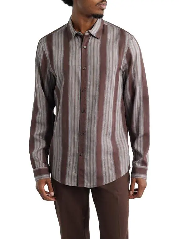 OPEN EDIT Stripe Long Sleeve Button-up Shirt - Brown Fading Stripe