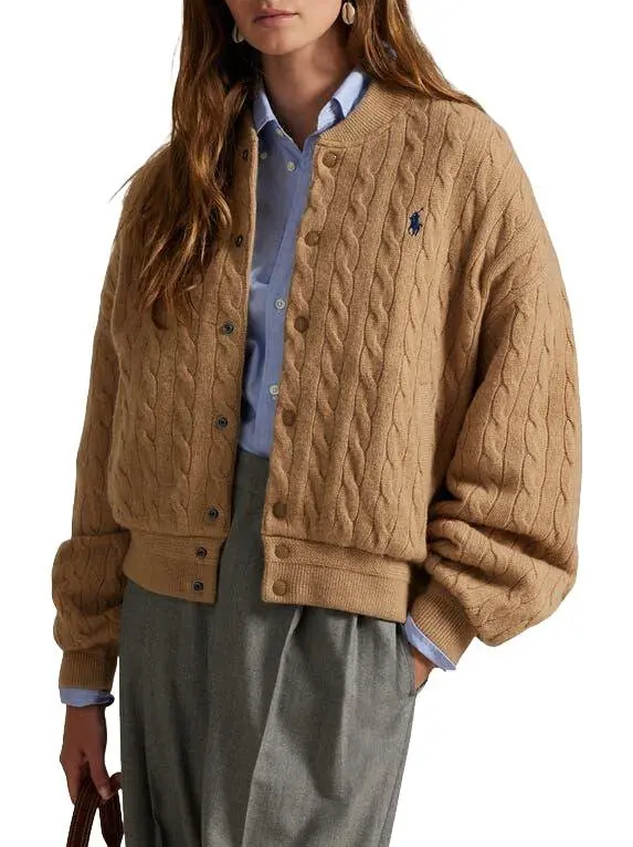 Polo Ralph Lauren Cable Stitch Wool & Cashmere Sweater Bomber - Collection Camel Melange
