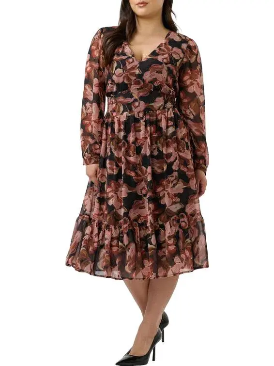 ESTELLE Natalia Floral Long Sleeve Midi Dress - Chocolate/blush