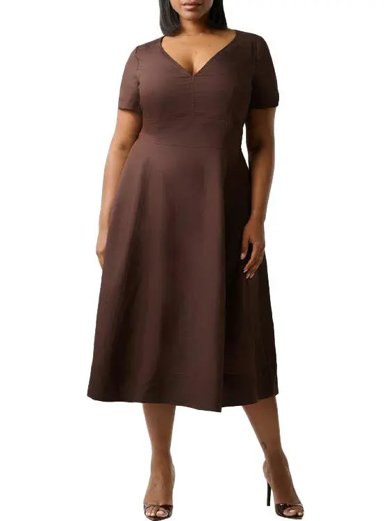 ESTELLE Akira Linen Blend Fit & Flare Midi Dress - Chocolate