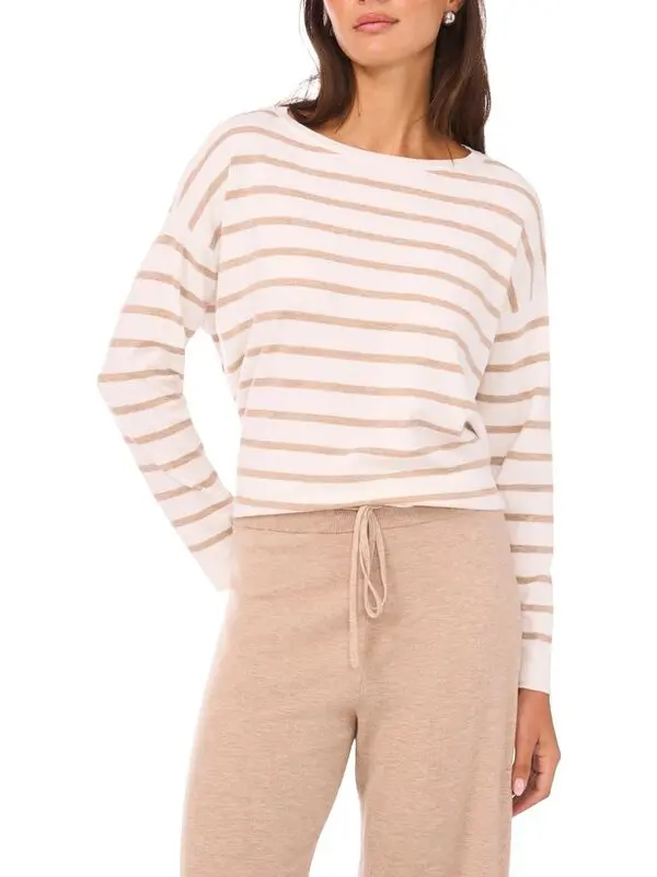 Vince Camuto Striped Rolled Edge Sweater - Antique White/warm Oat Hthr
