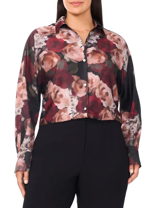 Halogen Painted Rose Charmeuse Button-up Shirt - Rich Black