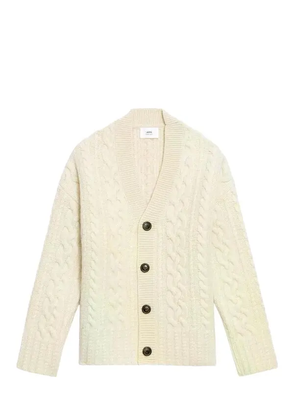 AMI Paris V-neck Cable Knit Cardigan - White