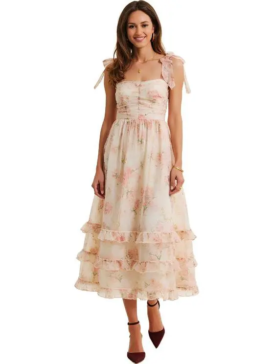 MODENAIRE Tie-shoulder Ruched Bodice Tiered Midi Dress - Floral