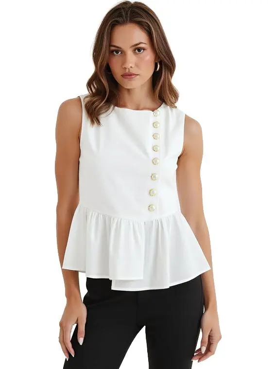 MODENAIRE Sleeveless Peplum Top With Pearl Button Front - White