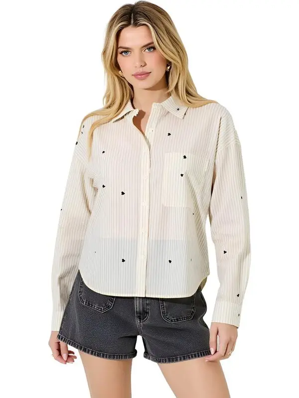 MODENAIRE Heart Embroidered Button-up Shirt - Striped