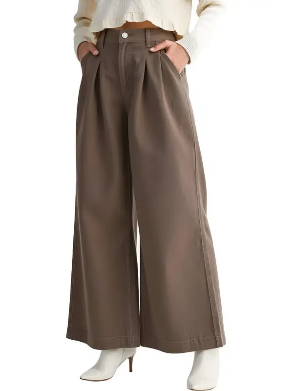 MODENAIRE High-waist Wide-leg Front-pleated Side-pocket Pants - Brown