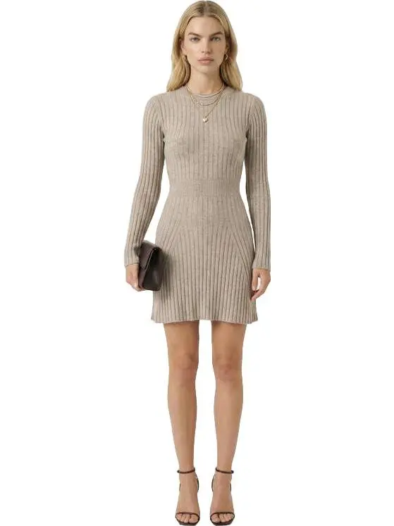 MODENAIRE Ribbed Knit Sweater Dress With Flared Hem - Beige/taupe