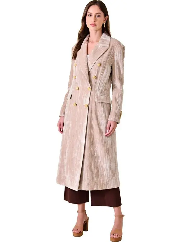 MODENAIRE Velvet Double-breasted Longline Coat - Beige