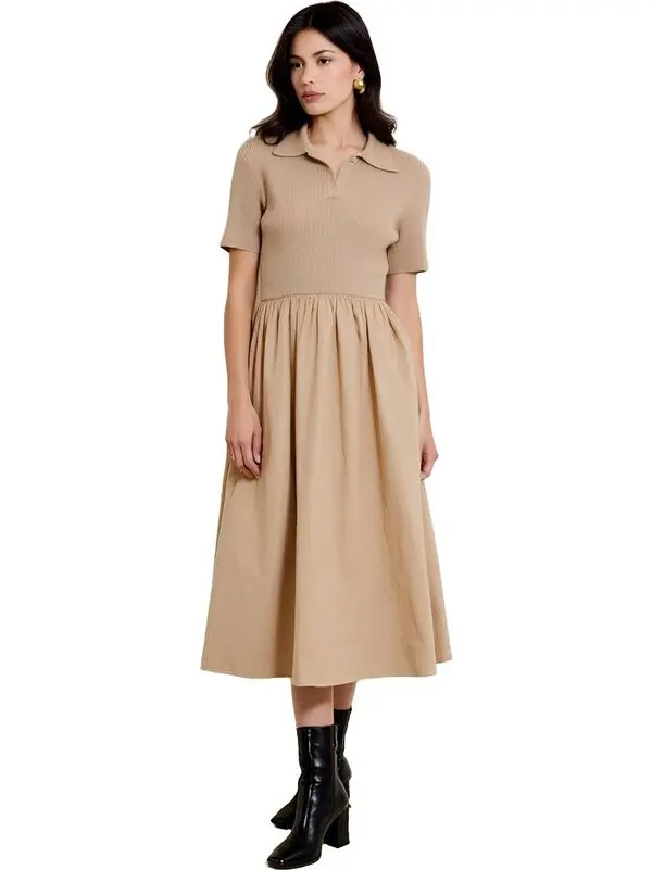MODENAIRE Polo Collar A-line Midi Sweater Dress - Beige
