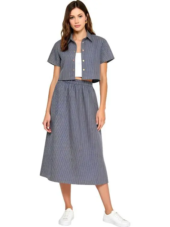 MODENAIRE Striped Cropped Button-up Shirt And Midi Skirt Set - Blue/white Stripes