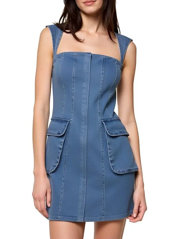 MODENAIRE Square Neck Denim Mini Dress With Pockets - Denim Blue