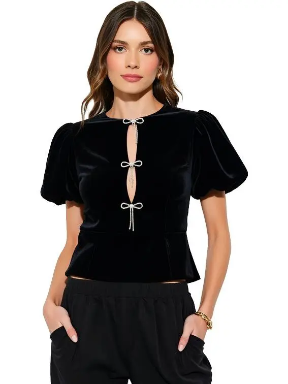 MODENAIRE Velvet Puff Sleeve Top With Rhinestone Bows - Black