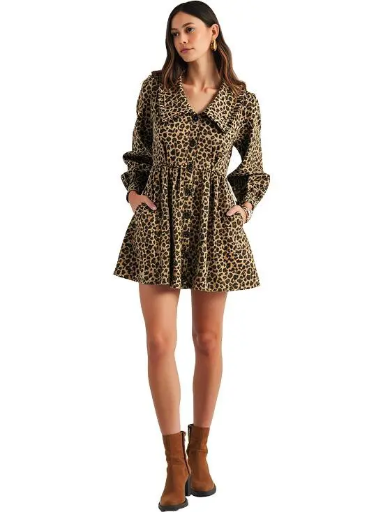 MODENAIRE Long-sleeve Mini Dress With Oversized Collar - Leopard Print