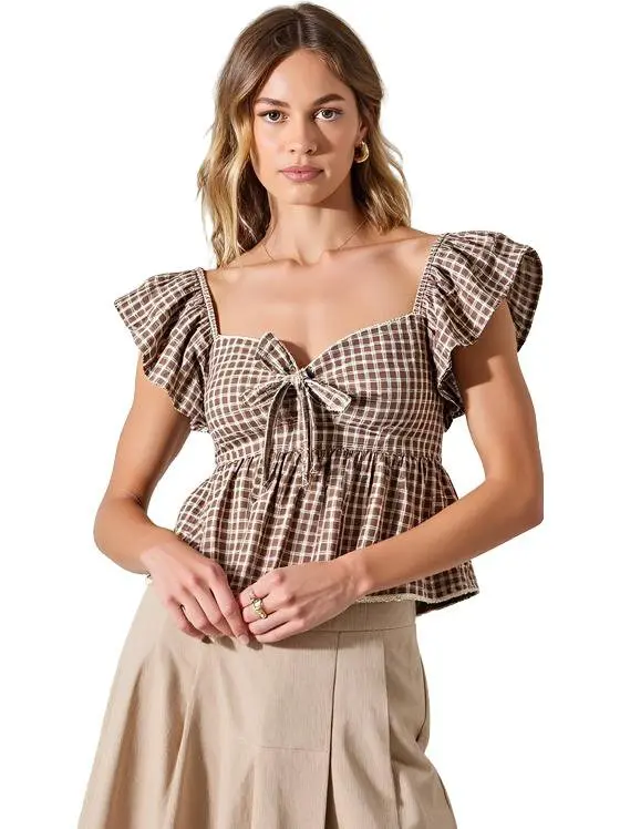 MODENAIRE Peplum Top With Flutter Sleeves And Front Tie - Gingham