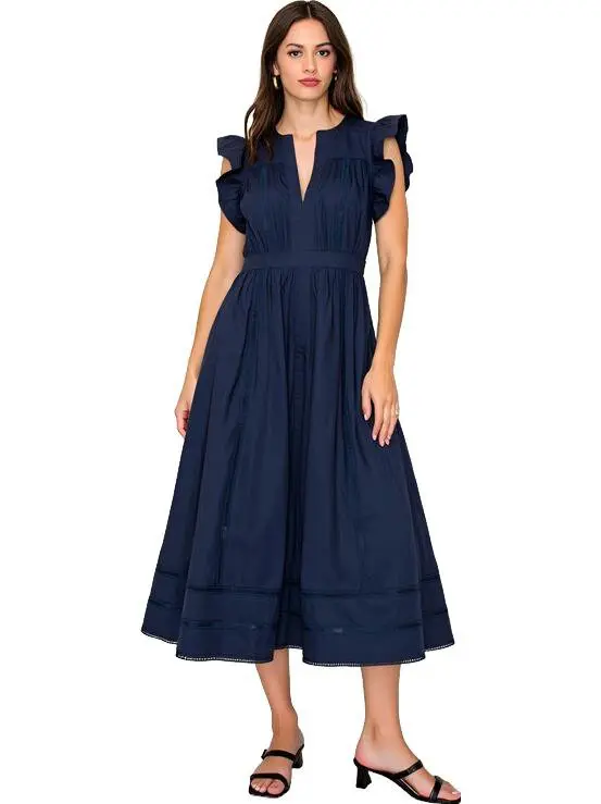 MODENAIRE Flutter Sleeve Midi Dress With Tiered Skirt - Navy Blue