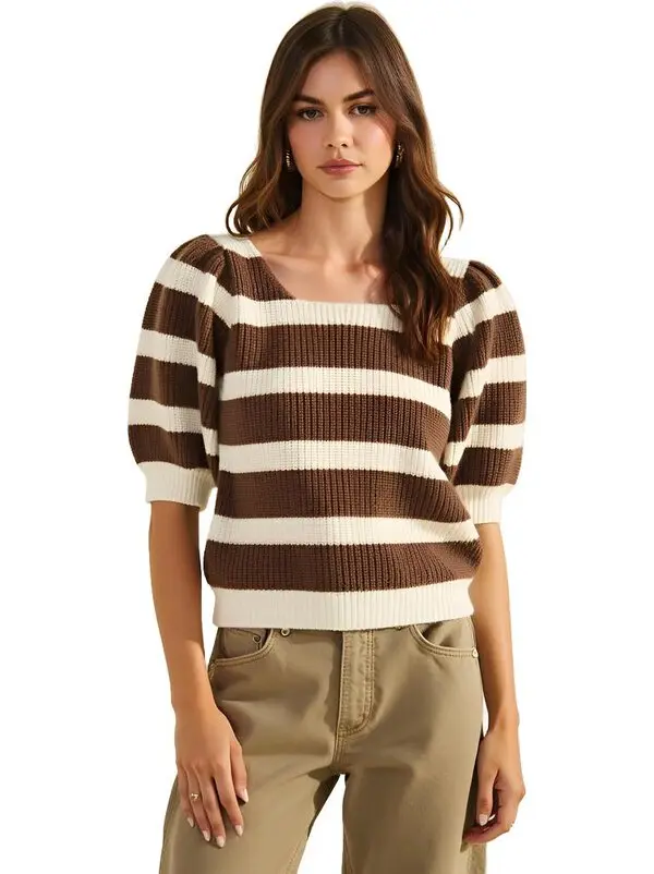 MODENAIRE Striped Knit Top With Puff Sleeves - Brown/off White Stripe