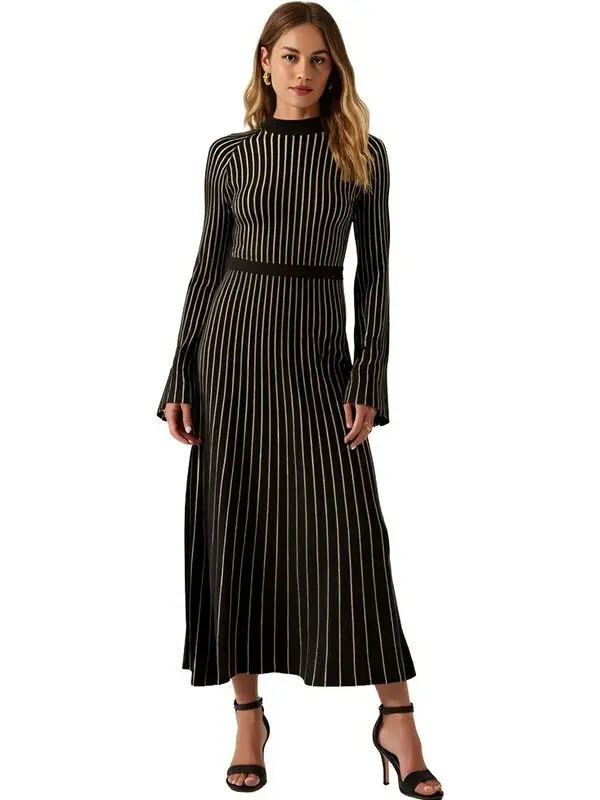 MODENAIRE Striped Rib-knit Maxi Dress With Mock Neck - Black/white Stripe