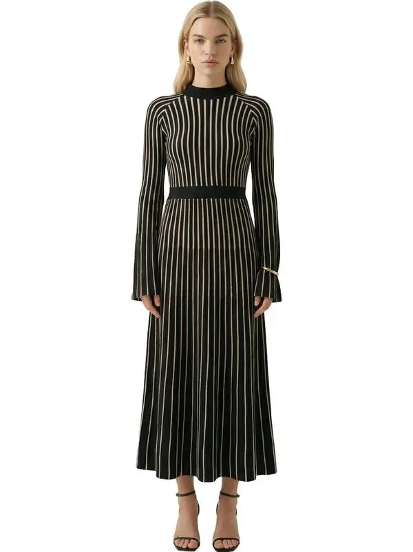 MODENAIRE Striped Rib-knit Maxi Dress With Mock Neck - Black/white Stripe