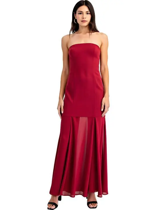 MODENAIRE Strapless Evening Gown With Sheer Skirt - Red