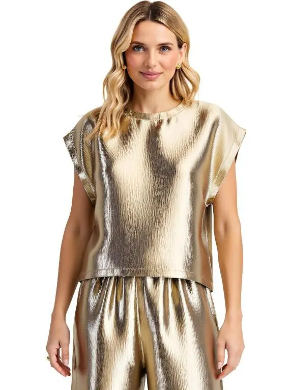 MODENAIRE Textured Satin Blouse With Keyhole Back - Gold