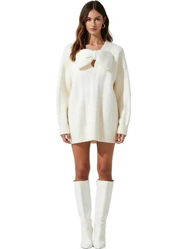 MODENAIRE Oversized Knit Sweater Dress With Bow - Ivory